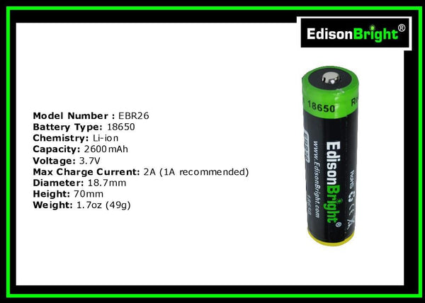 New 3 Pack Genuine EdisonBright EBR26 2600mAh 18650 Li-ion 3.7v rechar